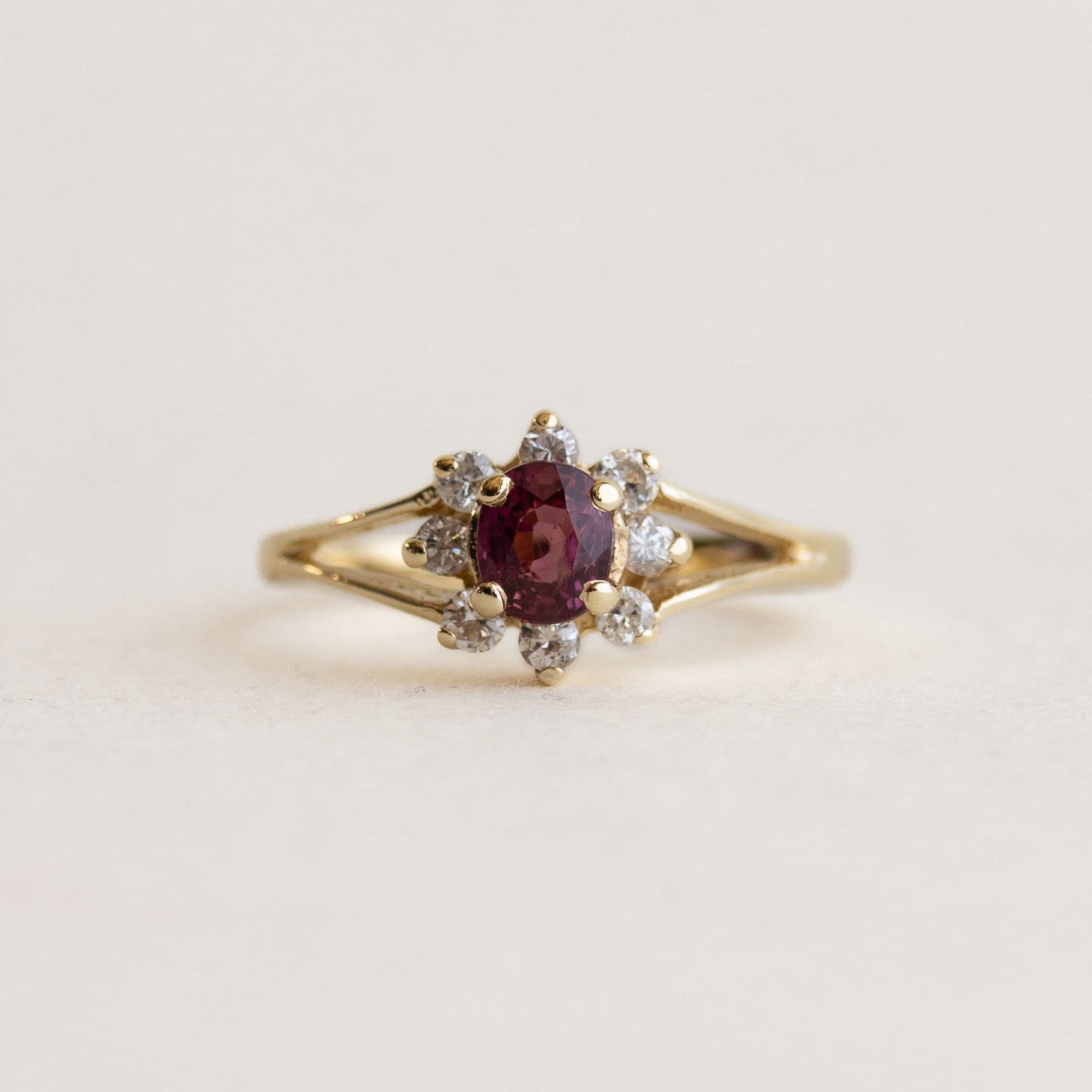 Vintage Garnet and Diamond Halo Ring | The Moore Ring | Evorden